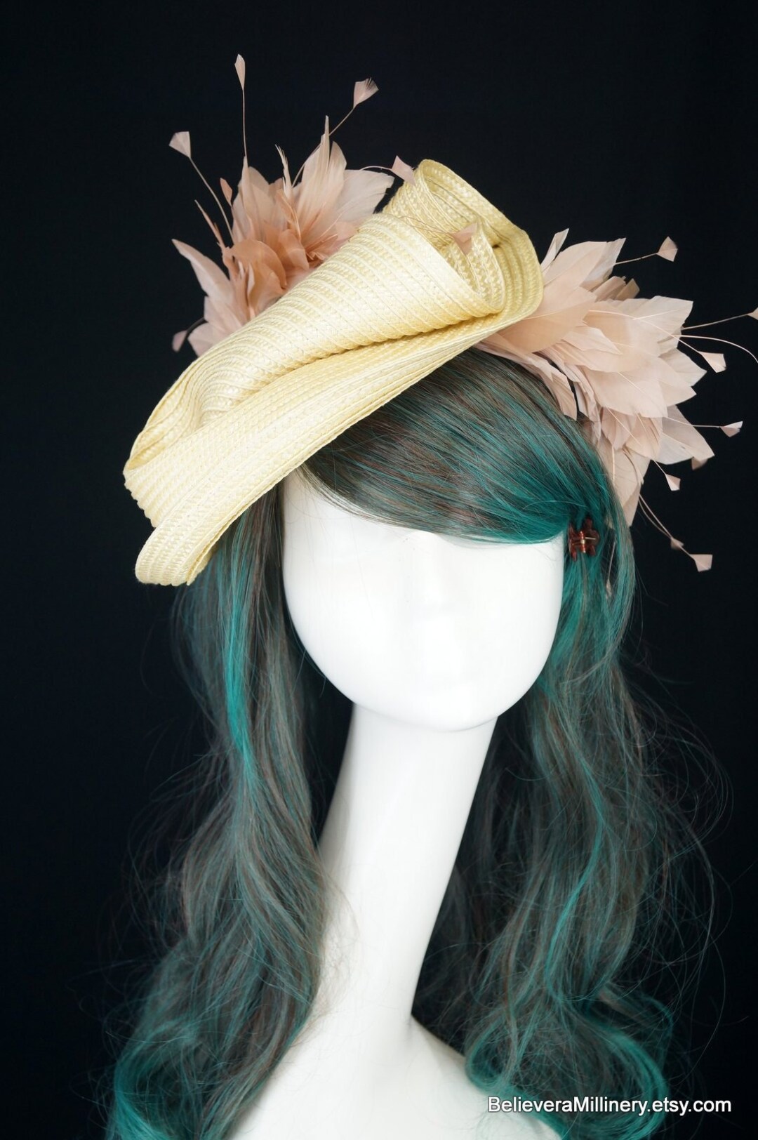 Natural Straw Fascinator Hatinator Latte Feathers Hat Headband ...