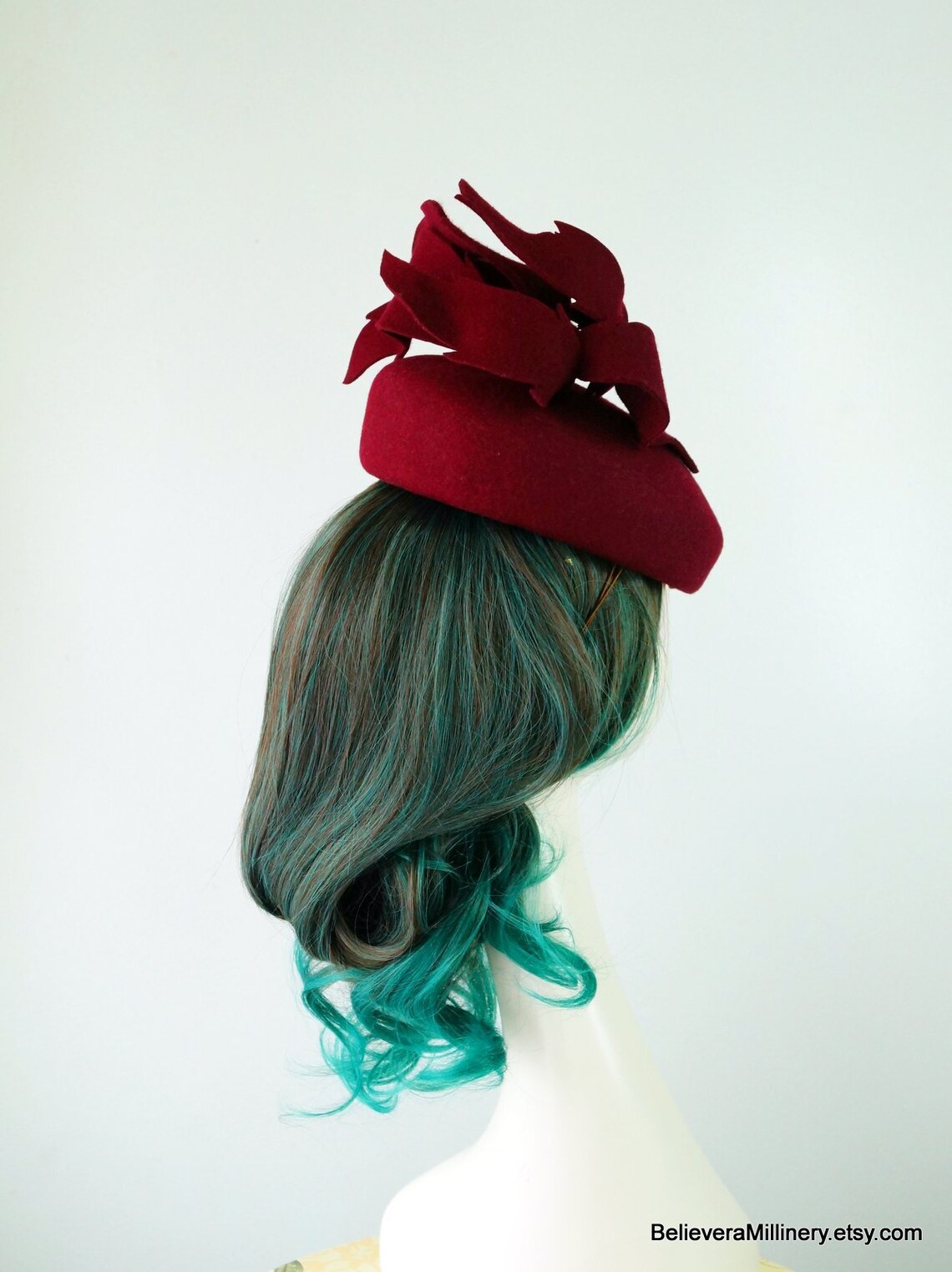 Burgundy Red Wool Felt Hat Leaves Beret Headwear Winter Fall Racing ...