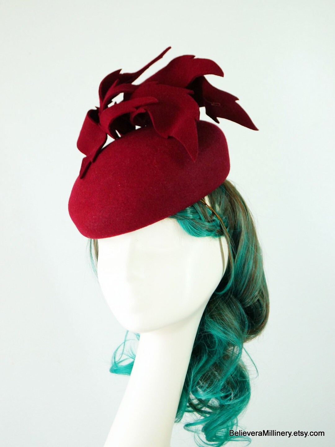 Burgundy Red Wool Felt Hat Leaves Beret Headwear Winter Fall Racing ...