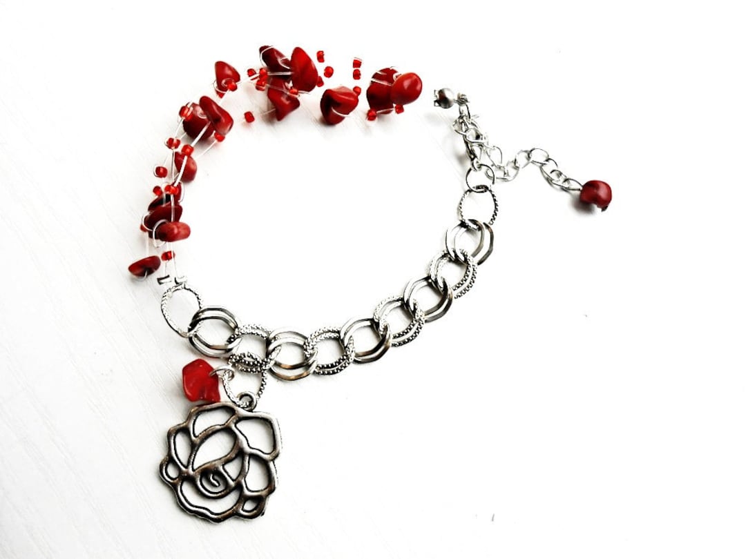 Red Coral Chain Multistrand Bracelet Nugget Raw Gemstone Bohemian ...