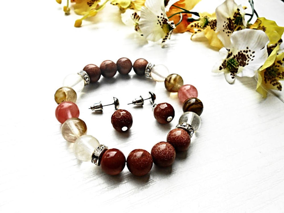 Sandstone Jewelry Set Cherry Tourmaline Quartz Gemstone Beaded Bracelet ...