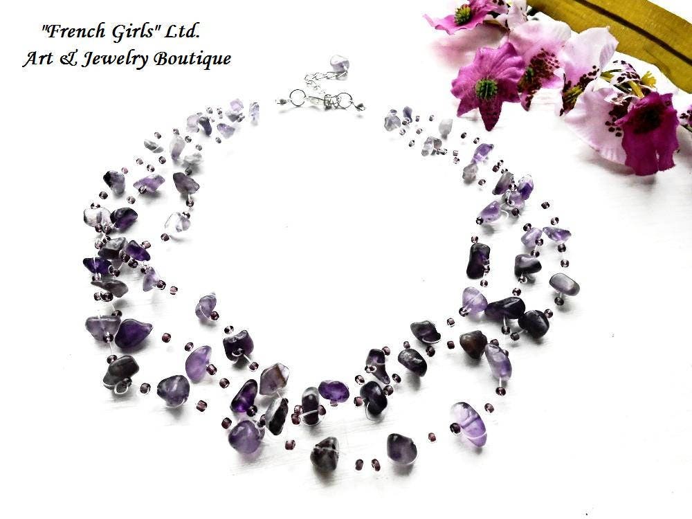 Raw Amethyst Crochet Purple Gemstone Statement Air Multistrand Necklace ...
