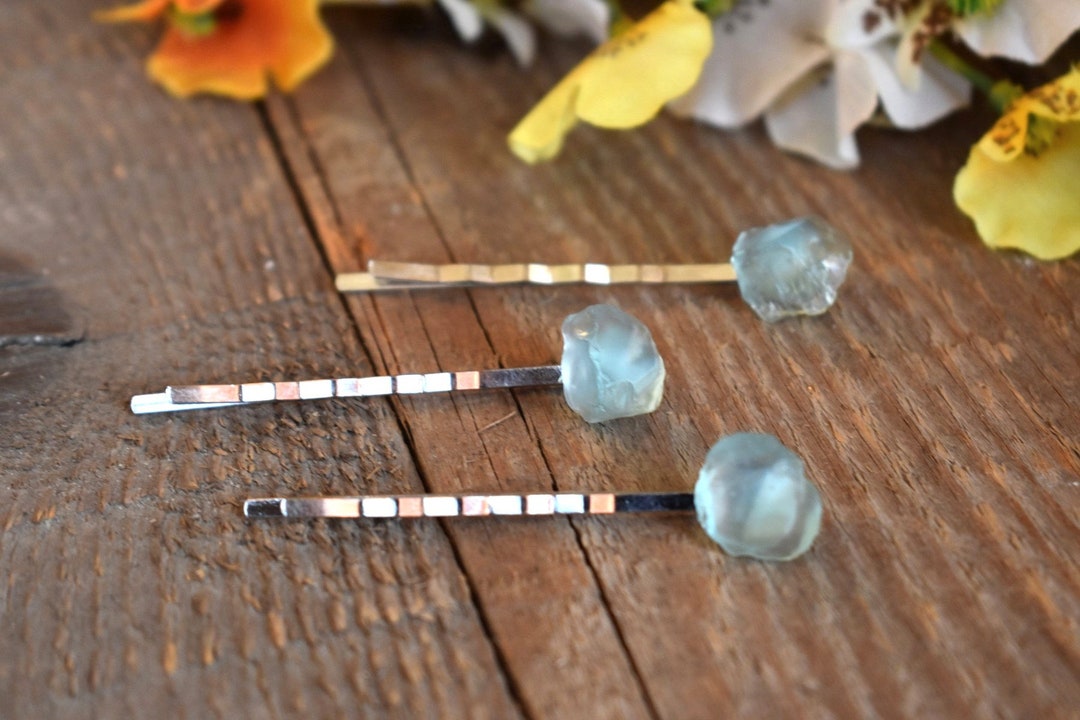 Raw Sea Glass Crystal Aqua Blue Hair Bobby Pins Set 3 Pcs Hairpiece ...