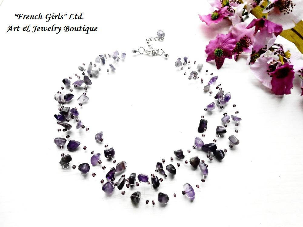 Raw Amethyst Crochet Purple Gemstone Statement Air Multistrand Necklace ...