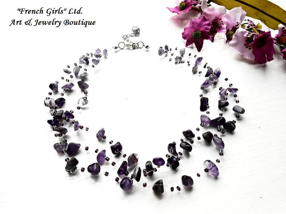 Raw Amethyst Crochet Purple Gemstone Statement Air Multistrand Necklace ...