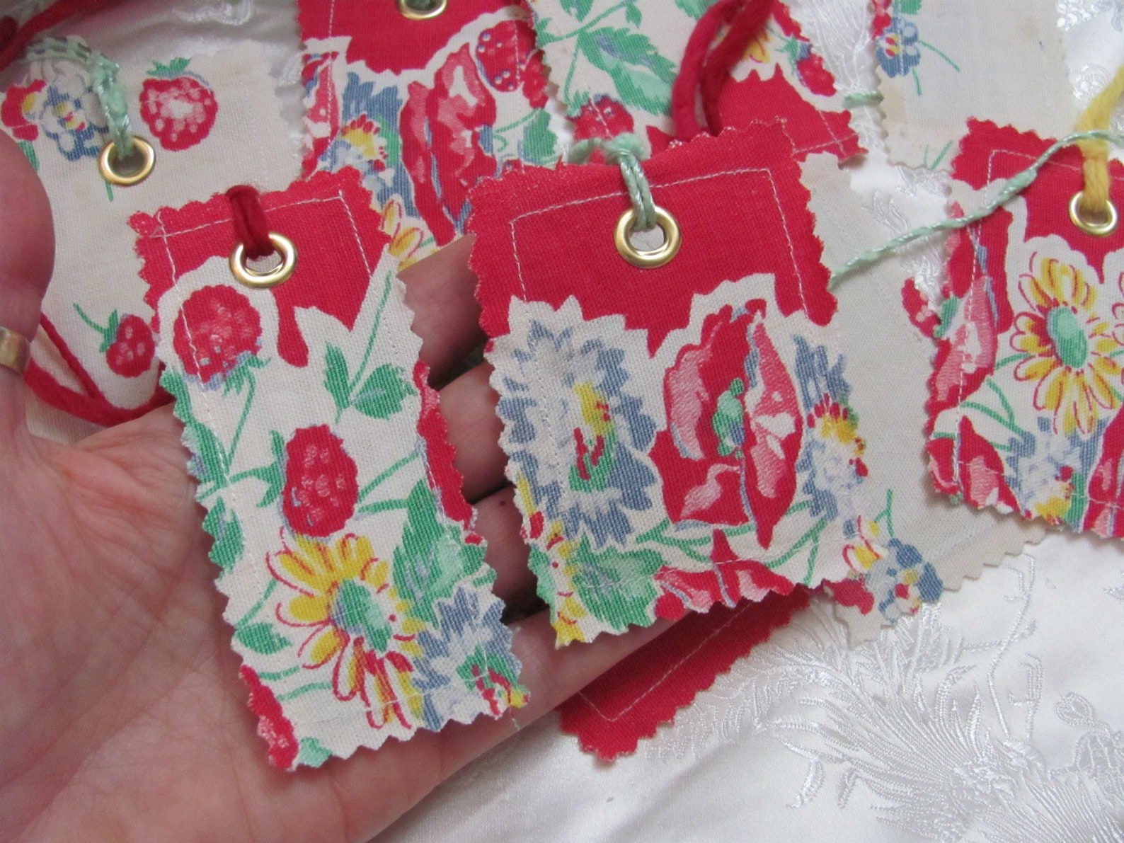 6 Beautiful Colorful Fabric Gift Hang Tags Journal // Handmade Vintage ...