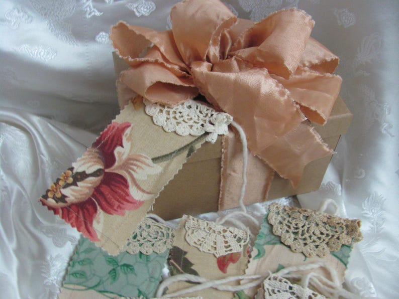 6 Beautiful Doily Floral Fabric Gift Hang Tags Journal // Handmade ...