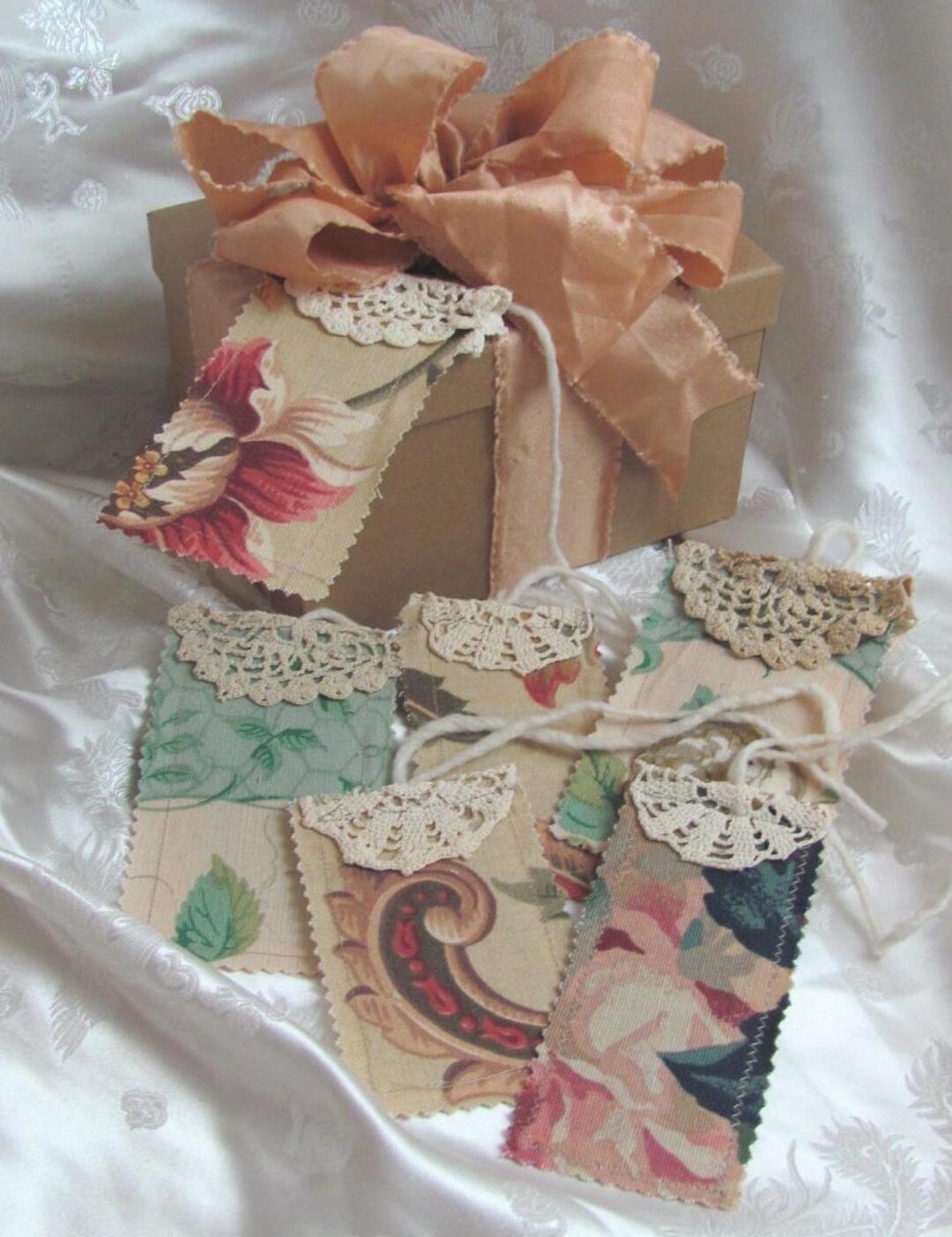 6 Beautiful Doily Floral Fabric Gift Hang Tags Journal // Handmade ...