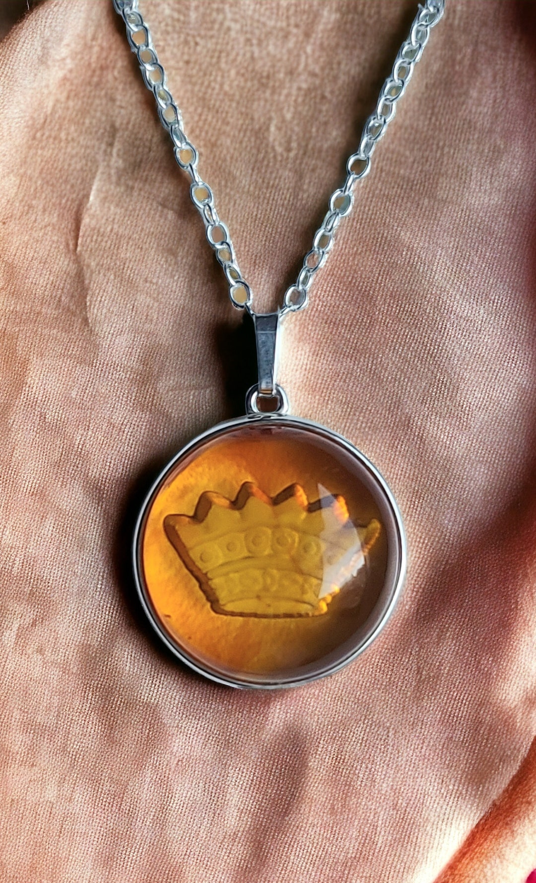 Bezel Set Cognac Baltic Amber Intaglio Crown Pendant With Sterling ...
