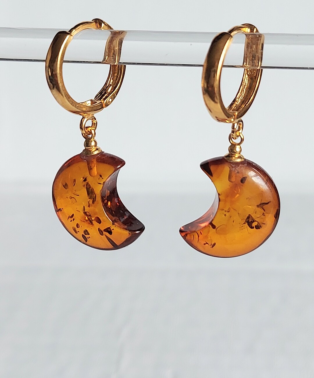 Cognac Baltic Amber Crescent Moon Gold Plated Sterling Silver Huggie ...