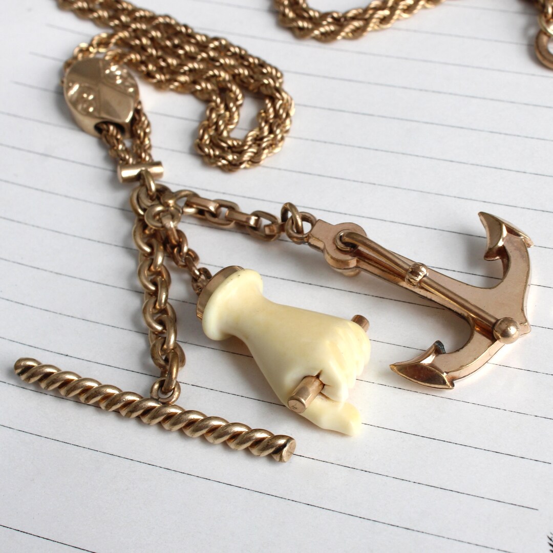 Antique Victorian Anchor & Carved Tagua Nut Hand Watch Chain Charm ...