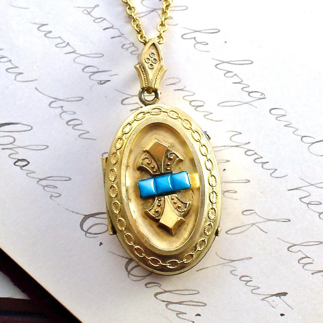 Antique Victorian Gold Filled & Turquoise Locket Necklace With Tintype ...