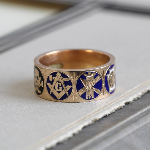 Antique 14k Enameled Masonic Symbol Ring with Skull &… - Gem