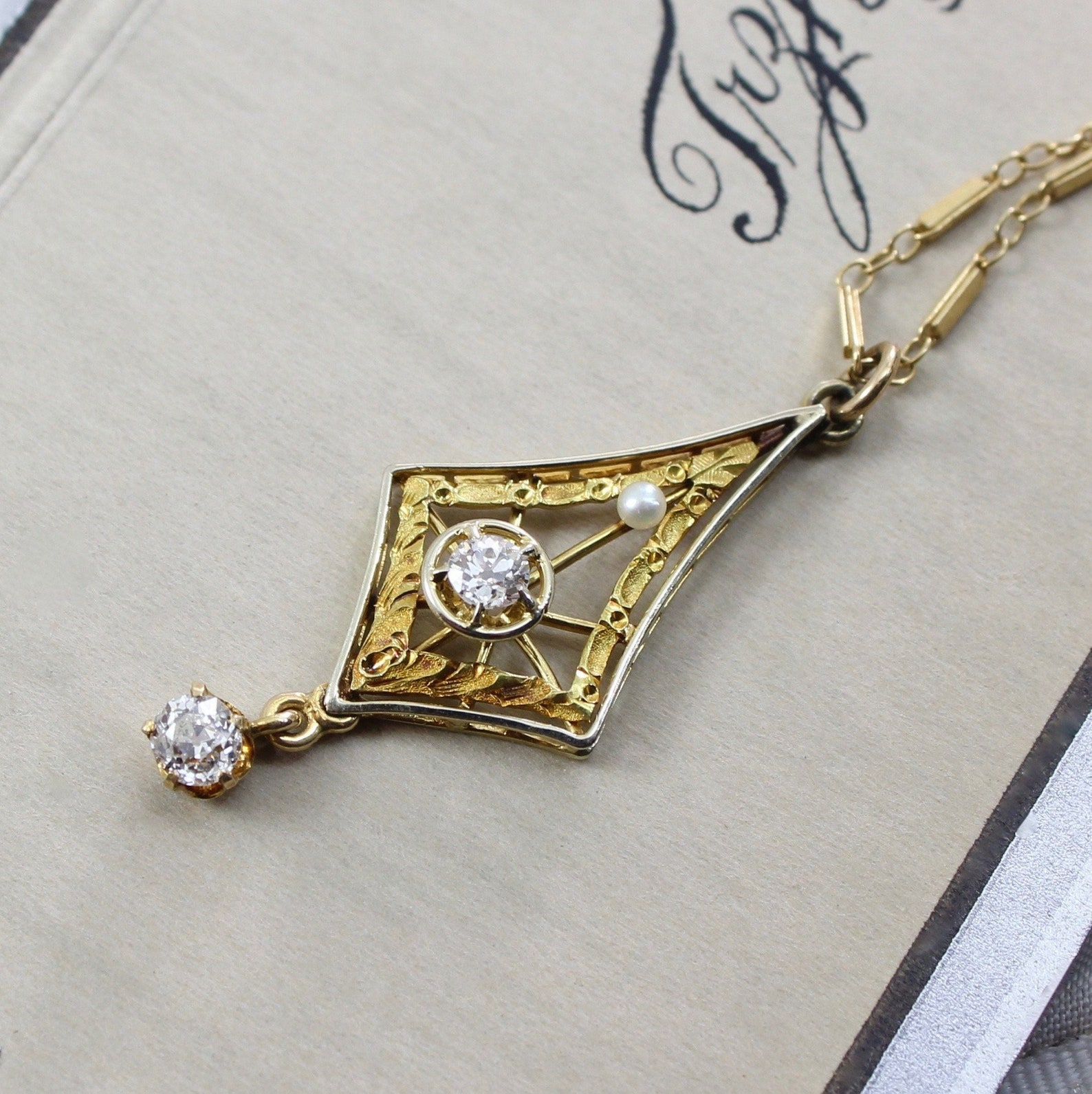 Edwardian Diamond & Pearl Lavaliere Pendant Antique 14k - Etsy