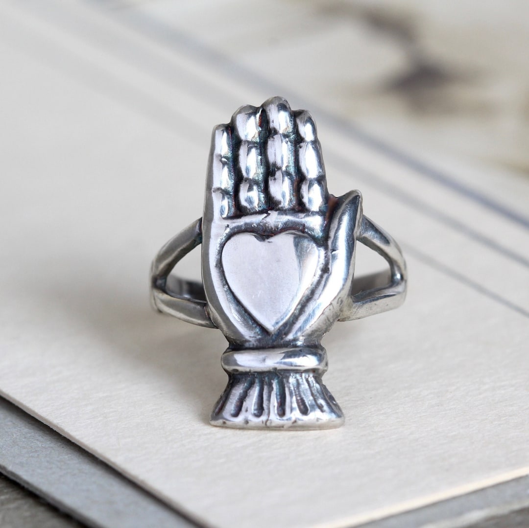 Sterling Heart in Hand Ring, Antique Style Statement - Etsy
