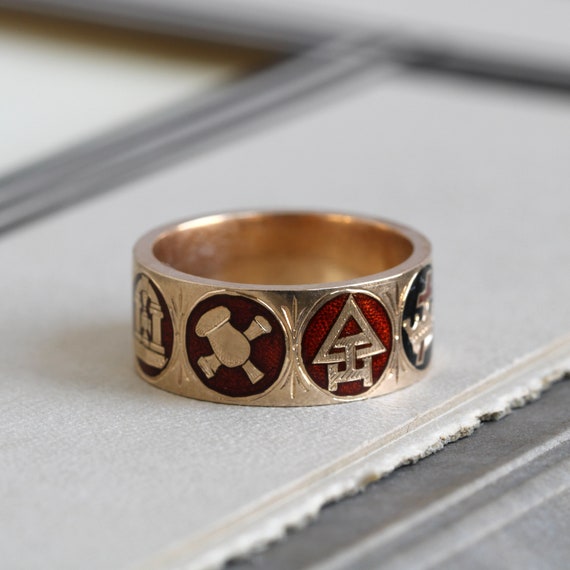Antique 14k Enameled Masonic Symbol Ring with Skull &… - Gem