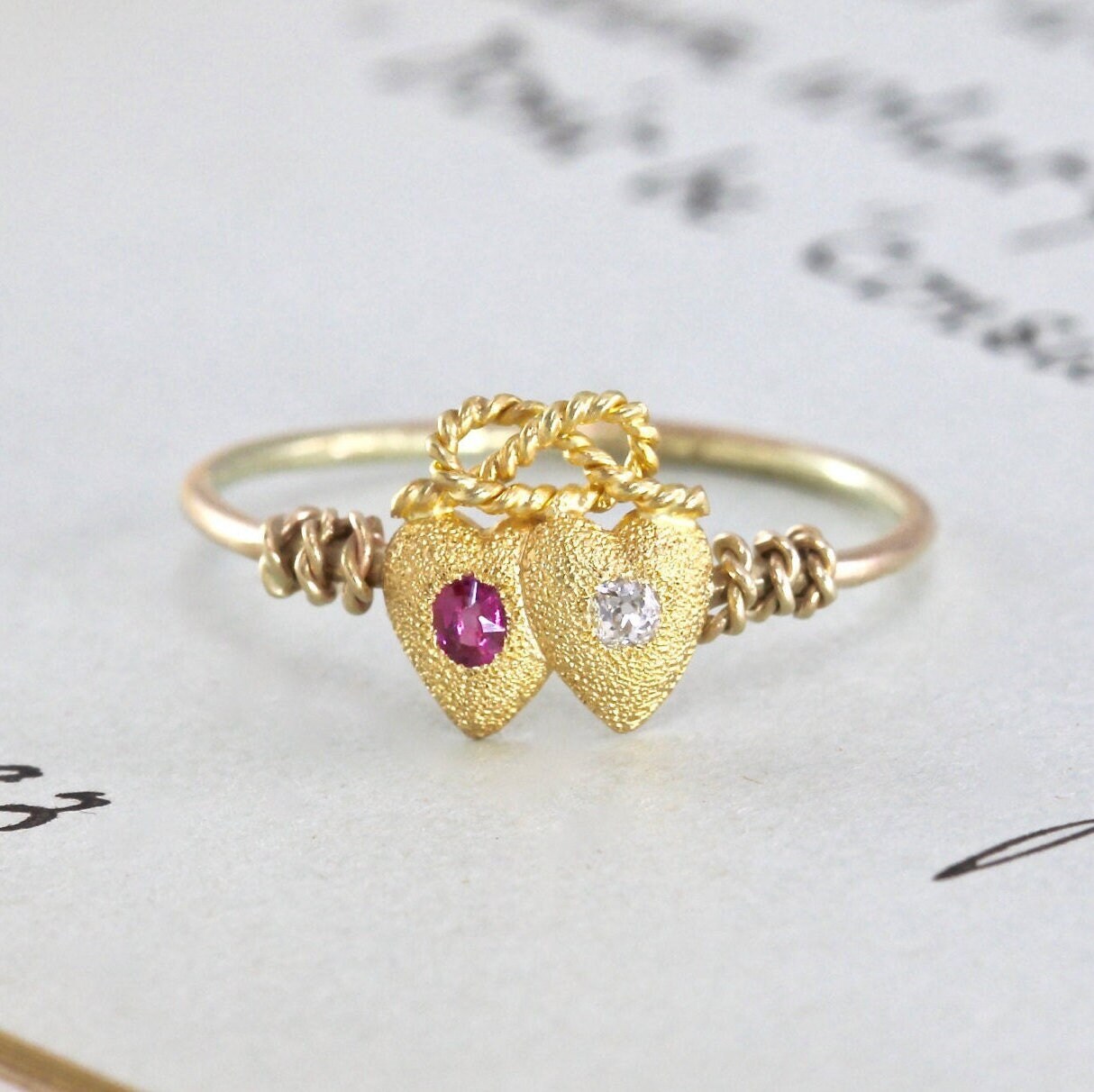 Antique Victorian Double Heart Ring 18k Gold Pink Sapphire & - Etsy