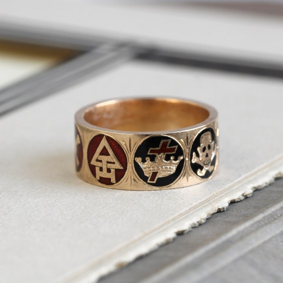 Antique 14k Enameled Masonic Symbol Ring with Skull &… - Gem