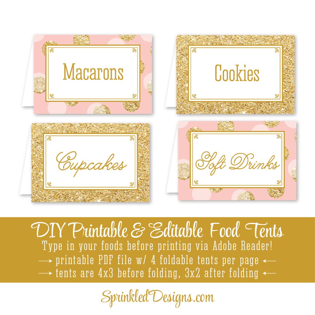 Blush Pink Gold Glitter Printable Party Food Tents Folding Editable ...