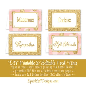 Blush Pink Gold Glitter Printable Party Food Tents Folding Editable ...