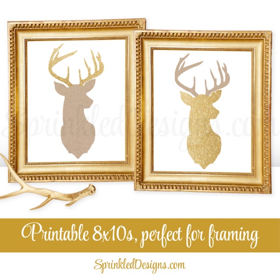 Printable Winter Wall Art - Gold Deer Head Wall Art, Winter Decor Deer ...
