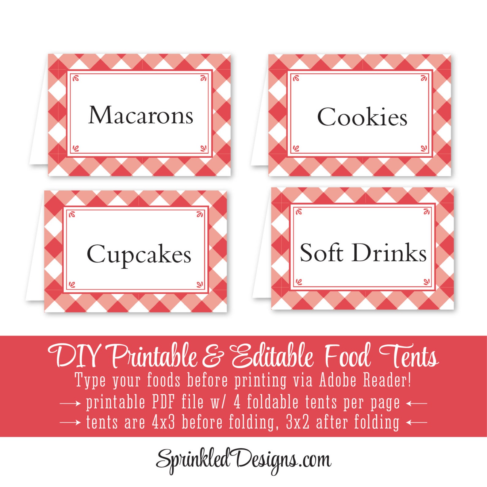 Red Checked Gingham Printable Party Food Tents Folding Editable Buffet ...