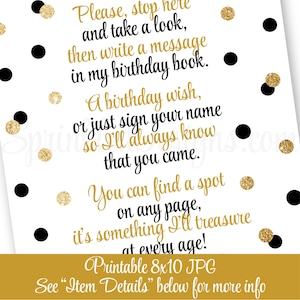 Birthday Guest Book Sign, Sign My Guestbook, Black White Gold Glitter ...