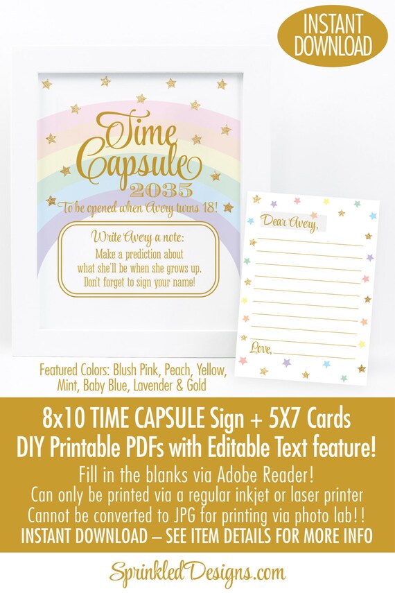 Time Capsule Sign & Cards Printable Rainbow Unicorn First | Etsy