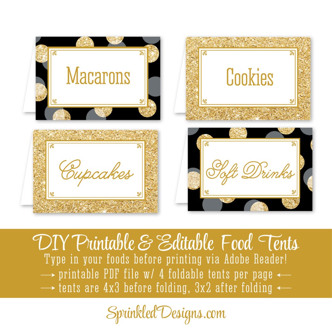 Black Gold Glitter Printable Party Food Tents Folding Editable Buffet ...