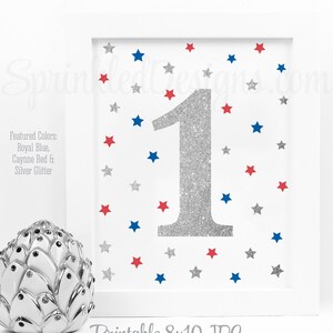 First Birthday Party Sign Big One 1 Red White Blue Silver Glitter ...