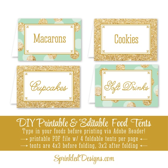 Printable Party Food Tents - Mint Green Gold Glitter - Editable Buffet ...