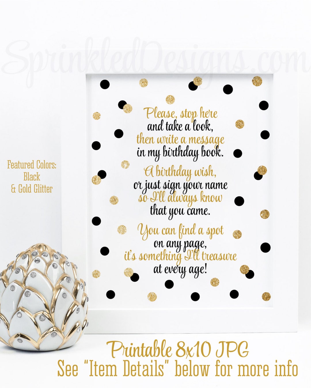 Birthday Guest Book Sign, Sign My Guestbook, Black White Gold Glitter ...