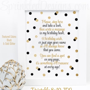 Birthday Guest Book Sign, Sign My Guestbook, Black White Gold Glitter ...