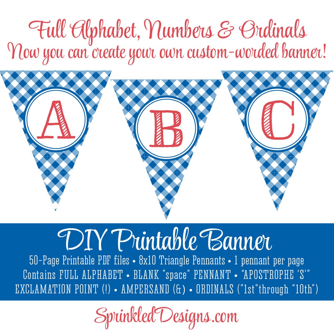 Printable DIY Custom Pennant Banner Red Checkered Gingham Plaid 4th of ...