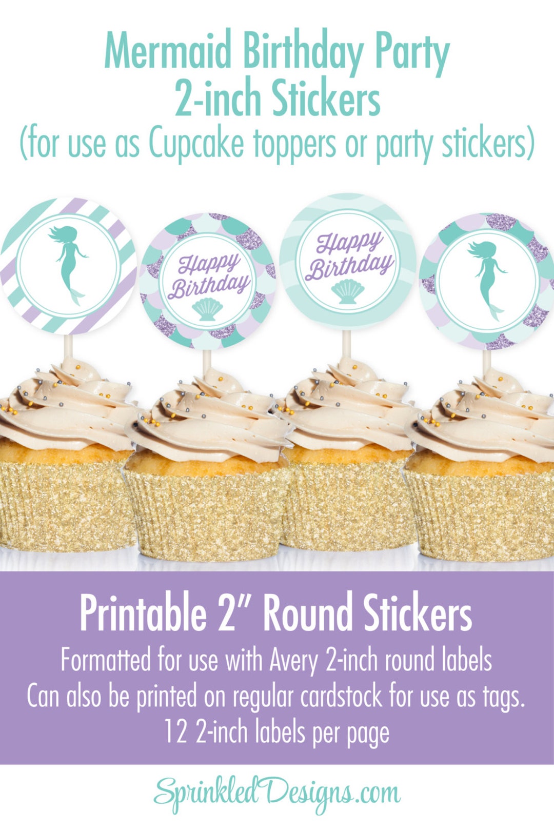 Mermaid Cupcake Toppers Cake Circles, 2inch Stickers Printable Mermaid ...