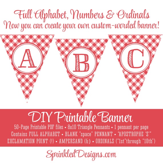 Pennant Banner, Red Checkered Gingham Plaid - 4th of July Printable ...