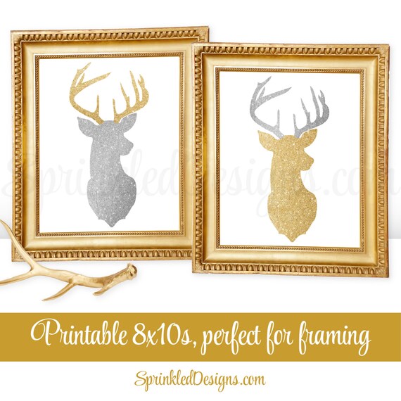 Printable Winter Decor - Gold Deer Head Wall Art, Deer Antlers Sign ...