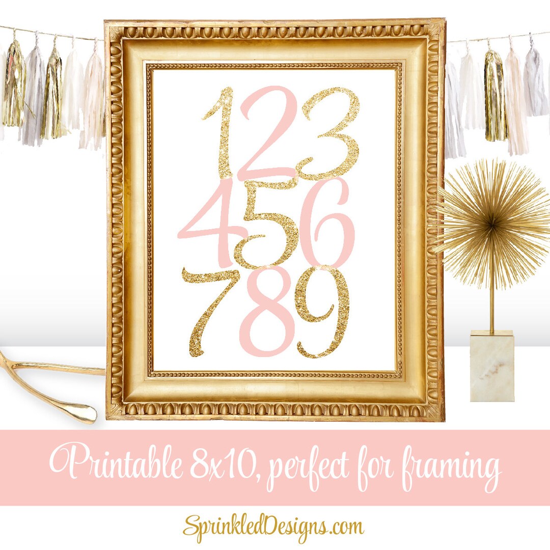 Nursery Decor Pink & Gold Numbers, Printable 8x10 Sign, Baby Girl ...