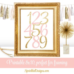 Nursery Decor Pink & Gold Numbers, Printable 8x10 Sign, Baby Girl ...