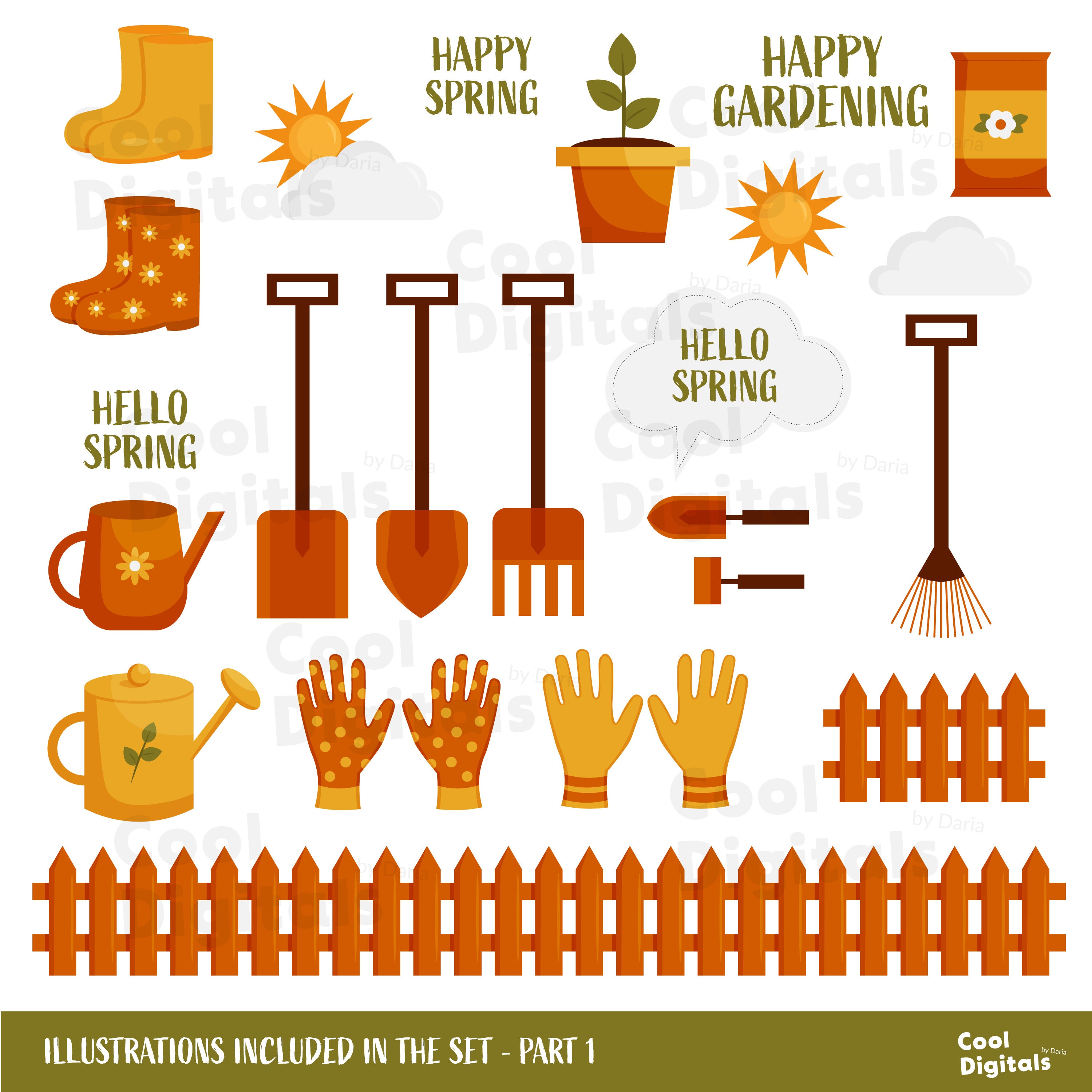 Spring Clipart Set PNG, Cute Gardening Illustrations for Commercial Use ...