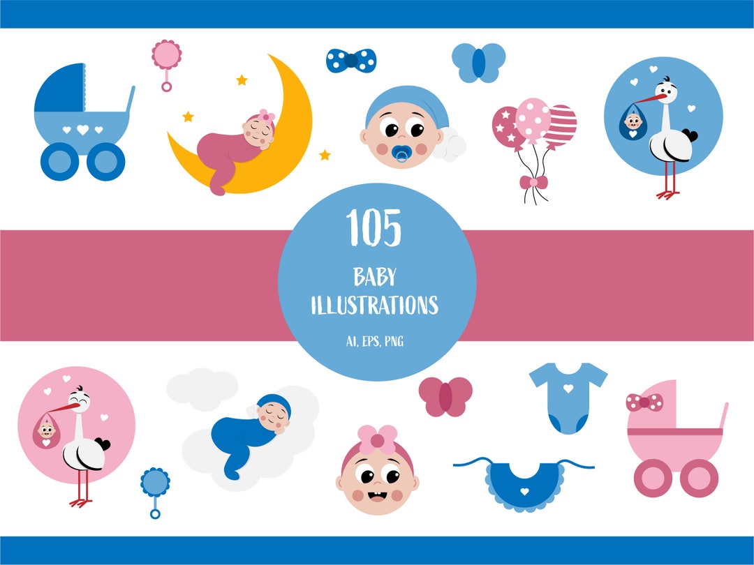 Cute Baby Shower Vector Illustrations, Kids Clipart Set, Baby Boy and ...