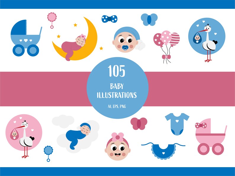 Cute Baby Shower Vector Illustrations, Kids Clipart Set, Baby Boy and ...