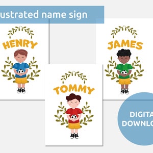 Custom Boy Name Sign, Cute Cartoon Portrait, Adorable Illustrated Kids ...