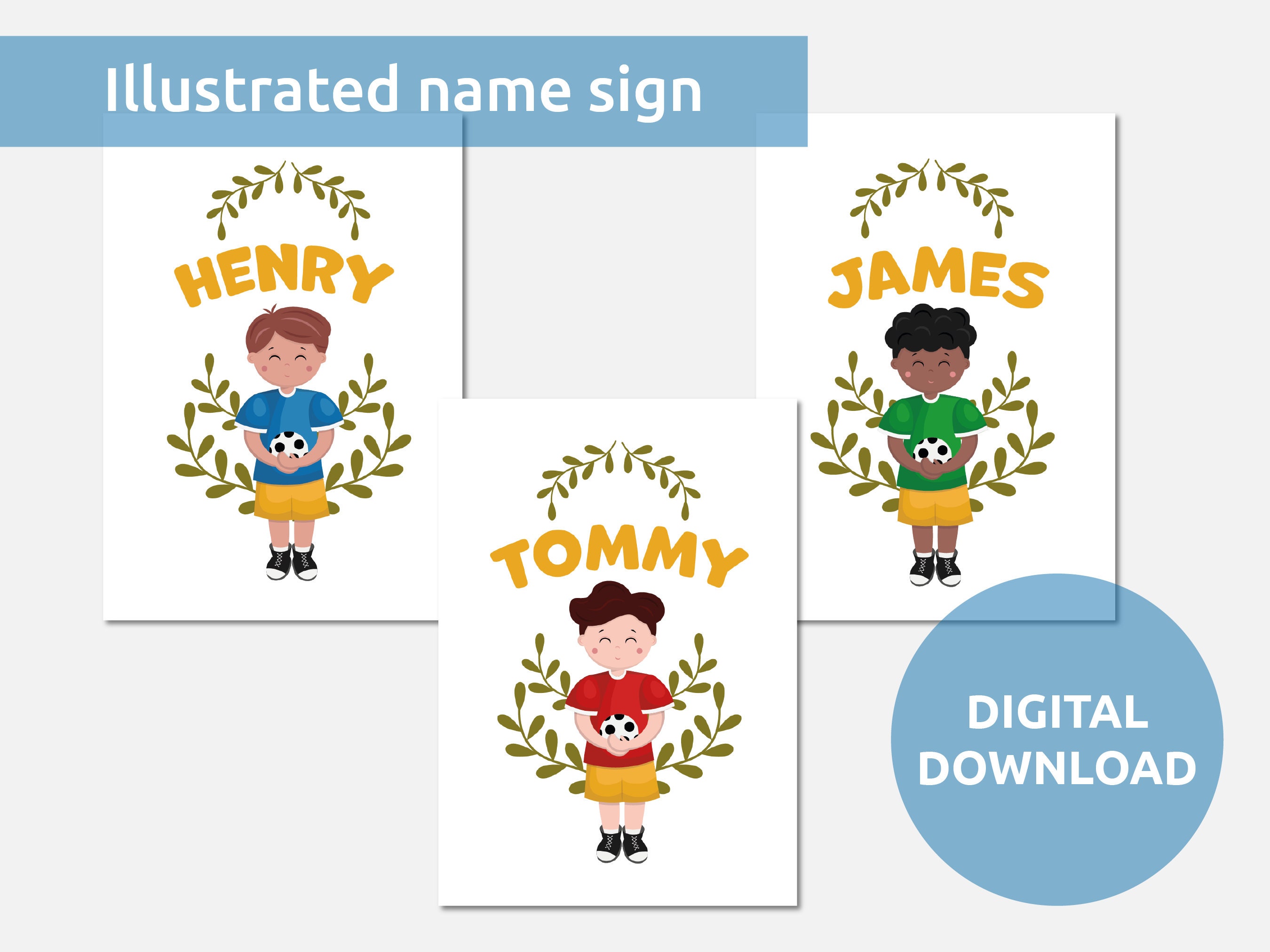 Custom Boy Name Sign, Cute Cartoon Portrait, Adorable Illustrated Kids ...