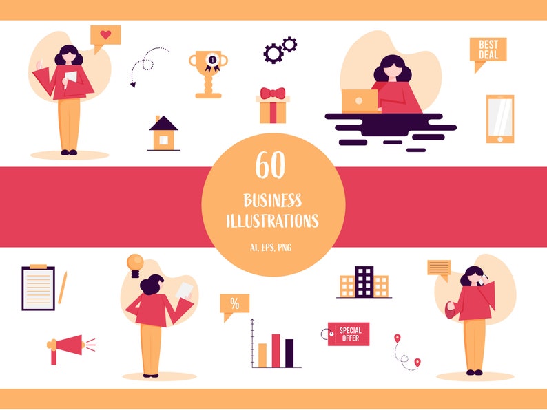 Business Woman Vector Illustrations, Flat Cartoon Graphics Set ...