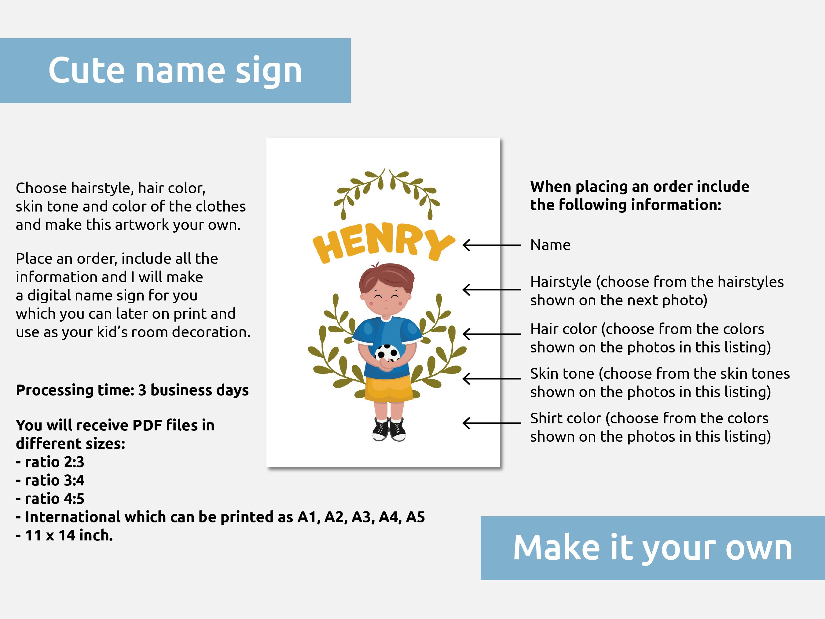 Custom Boy Name Sign, Cute Cartoon Portrait, Adorable Illustrated Kids ...