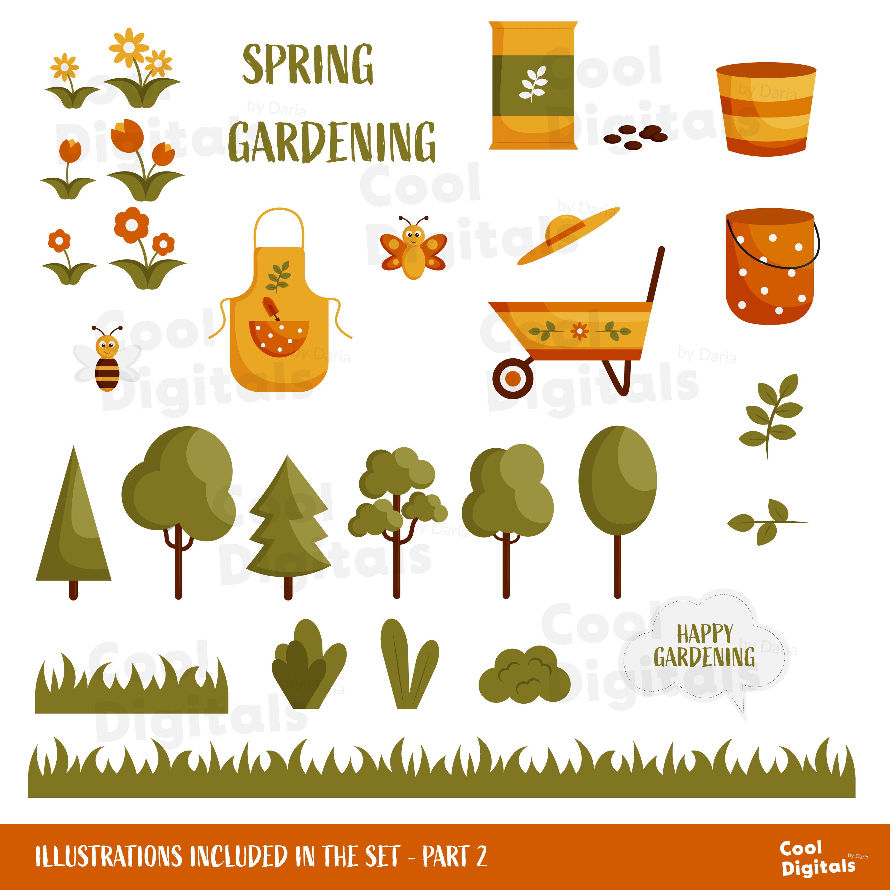 Cute Gardening Vector Illustrations, Spring Clipart Bundle for ...
