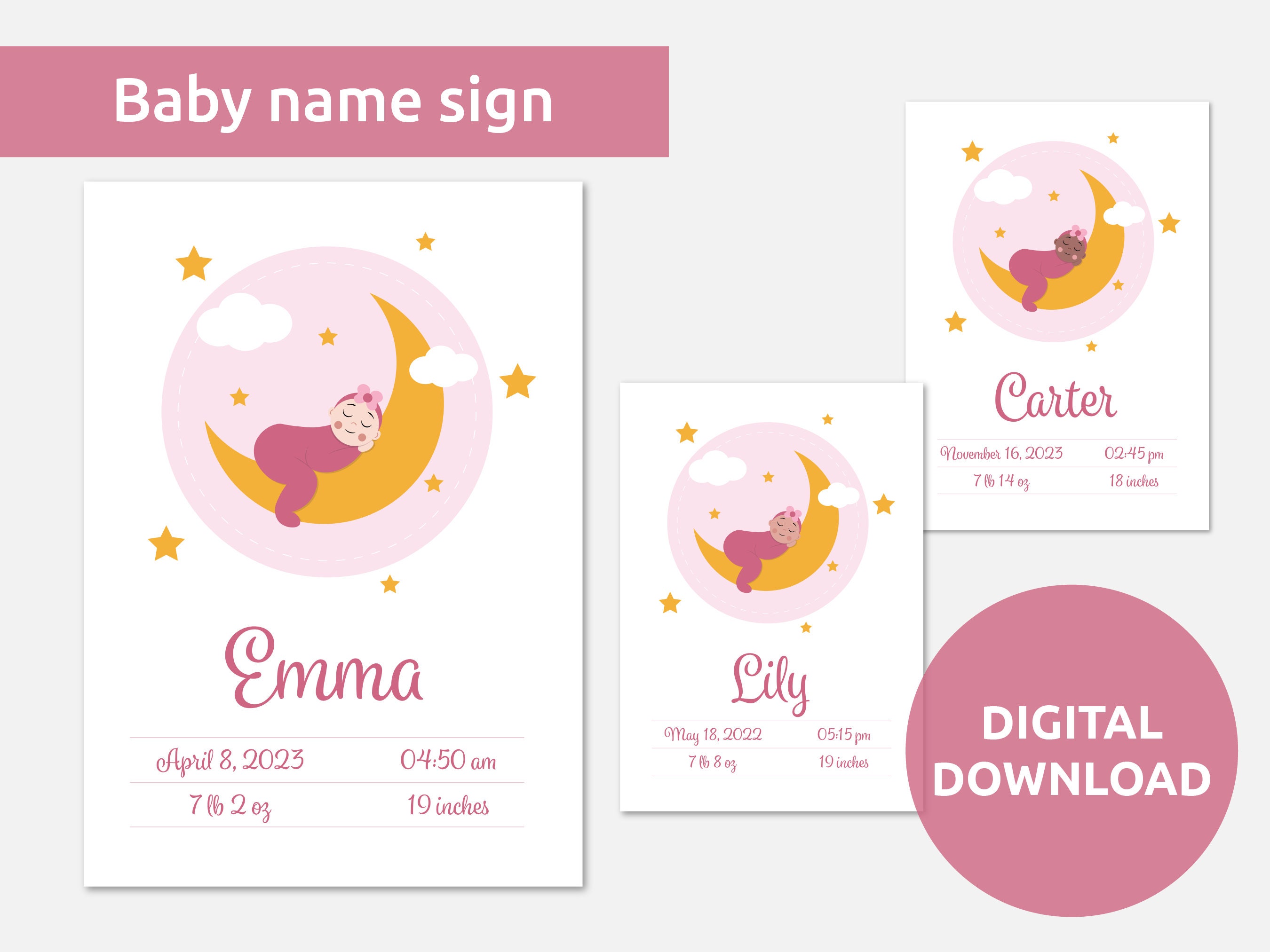Printable Baby Girl Name Sign With Birth Stats, Modern Nursery Wall ...