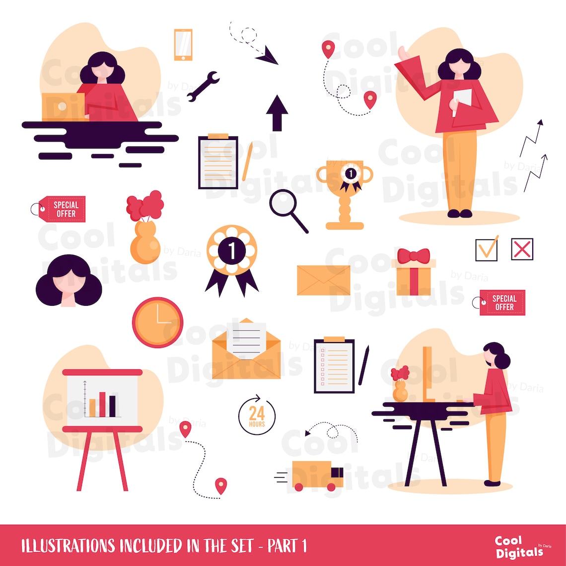Business Woman Vector Illustrations, Flat Cartoon Graphics Set ...