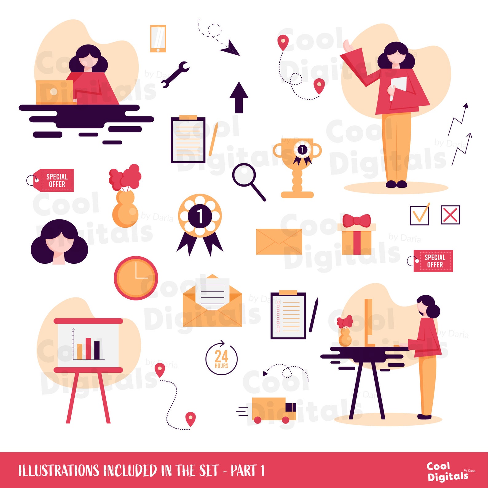 Business Woman Vector Illustrations, Flat Cartoon Graphics Set ...